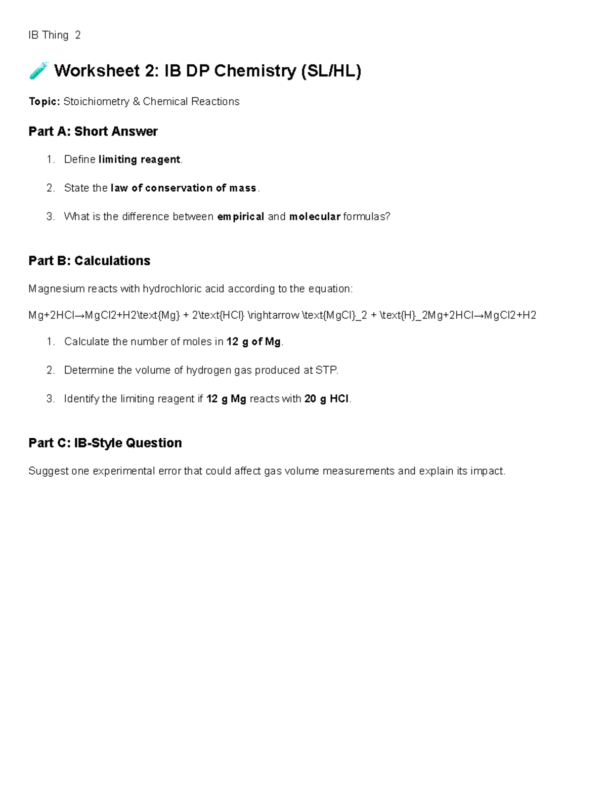 Excelling: Worksheet - IB Thing 2 🧪 Worksheet 2: IB DP Chemistry (SL/HL ...
