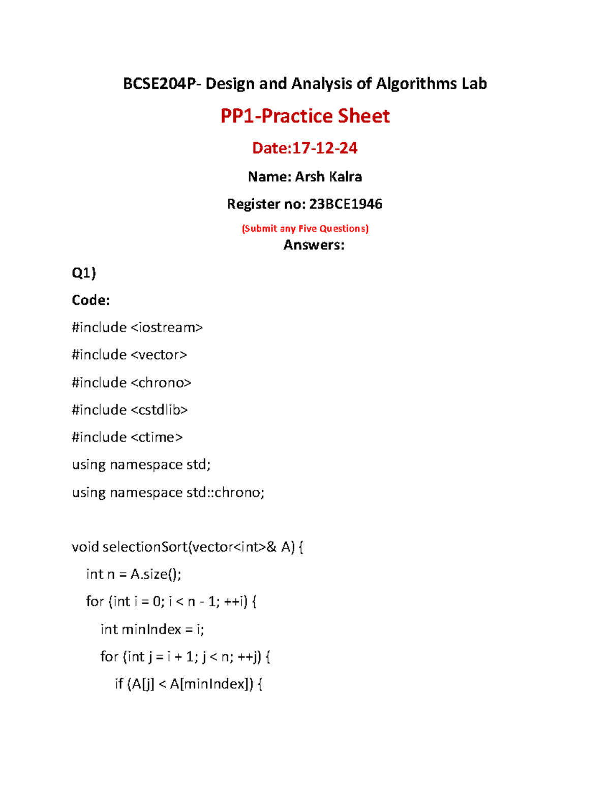 BCSE204P - Algorithms Lab PP1 Practice Sheet Responses - Studocu