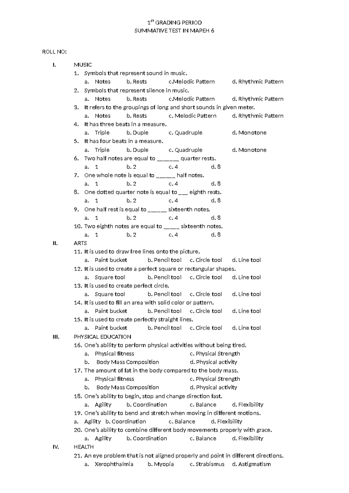 Mapeh - notes - 1 ST GRADING PERIOD SUMMATIVE TEST IN MAPEH 6 ROLL NO ...