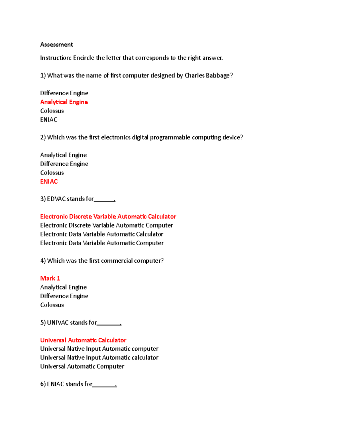 Econ Dev Assessment - Assessment Instruction: Encircle the letter that ...