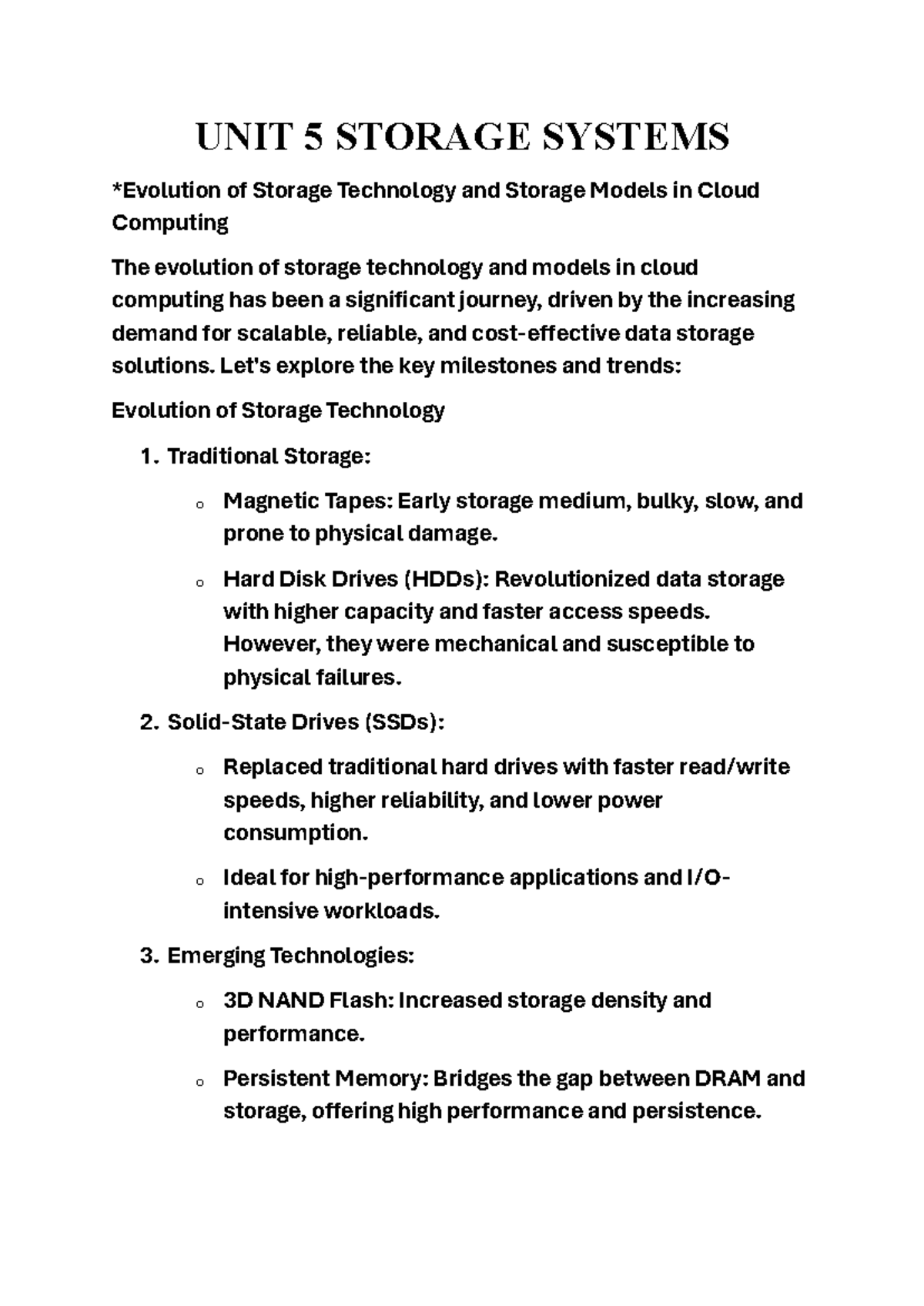 UNIT 5 Storage Systems: Evolution, Models, and Technologies in Cloud ...