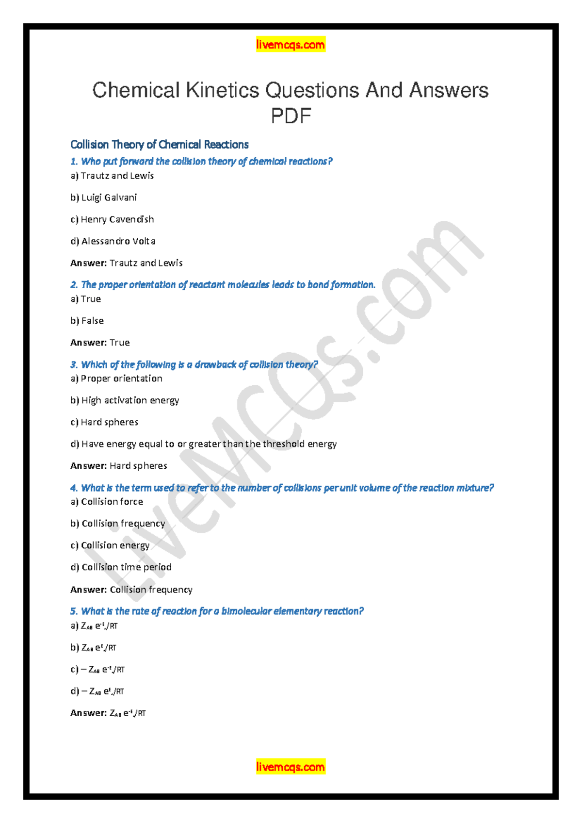 Chemical Kinetics Q&A - Comprehensive Review for Chemistry Course - Studocu