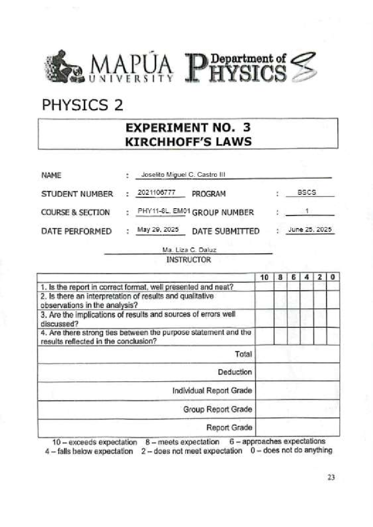 PHYSICS 2 Experiment No. 3: Laws Analysis Report - EM01 - Studocu