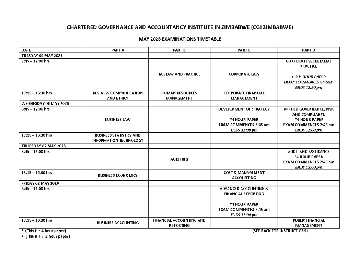 CGI ZIMBABWE MAY 2026 EXAM TIMETABLE: DATES & SUBJECTS - Studocu