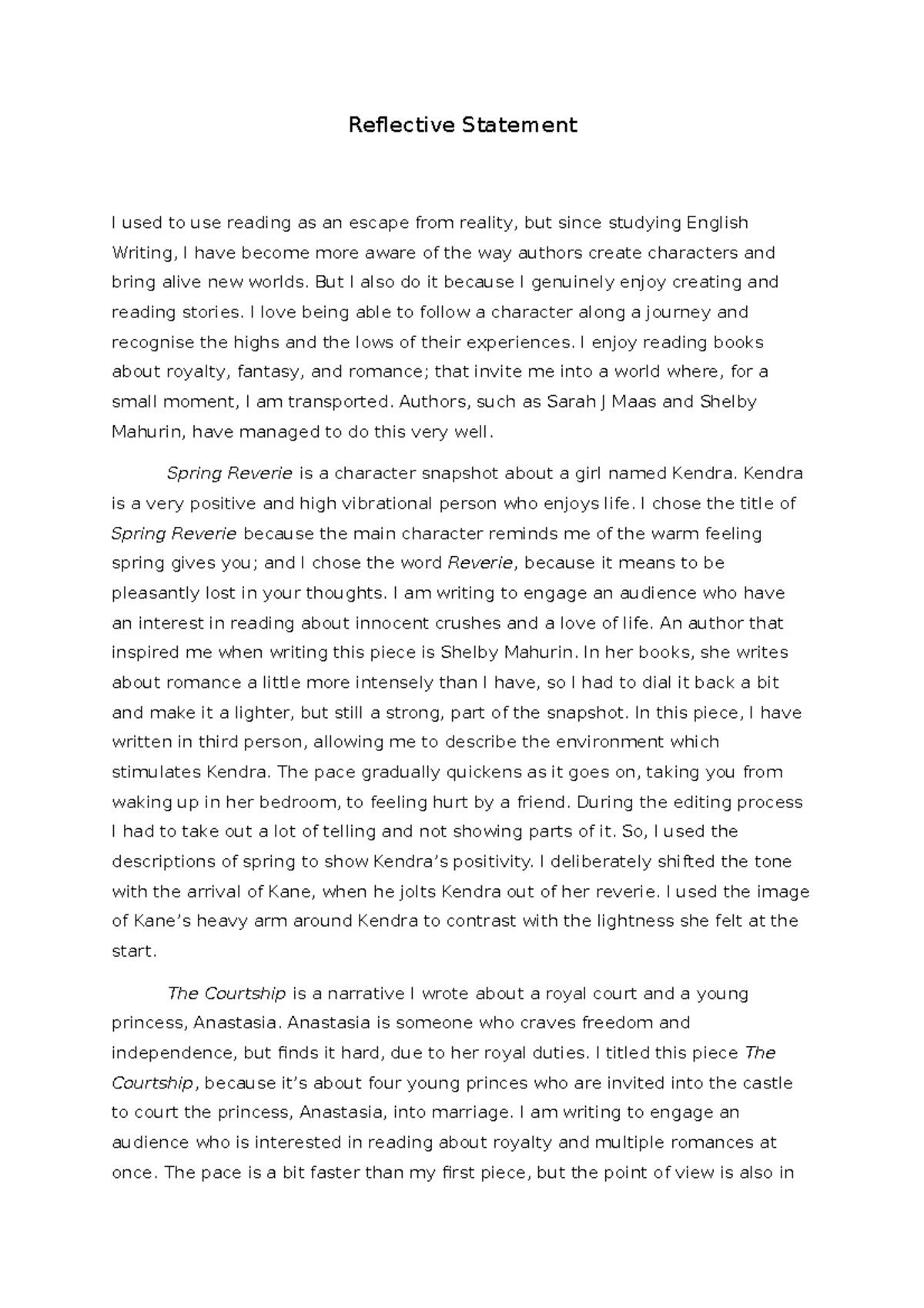 Whole Reflective Statement - Reflective Statement I used to use reading ...