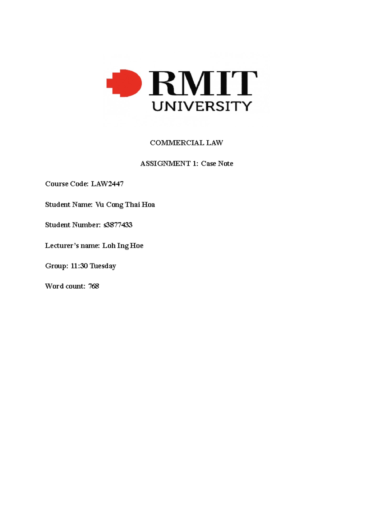 Commercial Law ASM 1 -s3877433 CR++++ - CIVE1144 - RMIT University ...