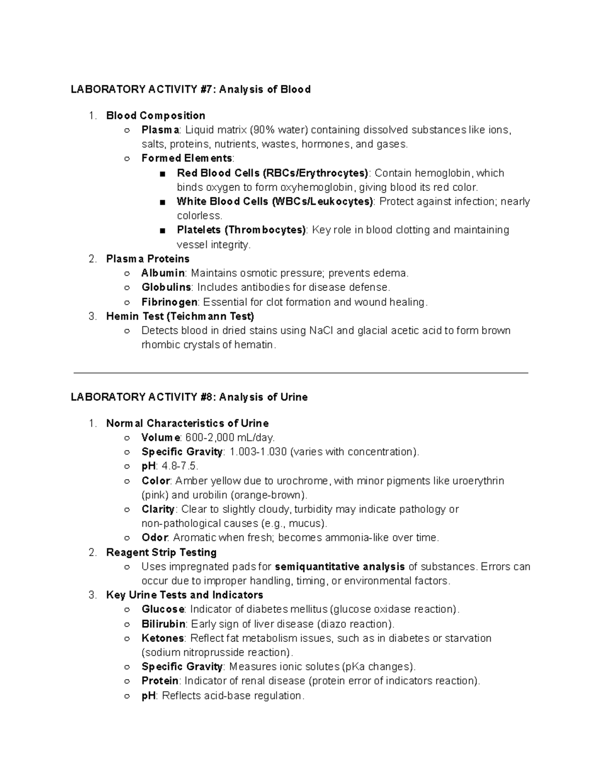 Biochem LAB Activities: Blood & Urine Analysis Notes - Studocu