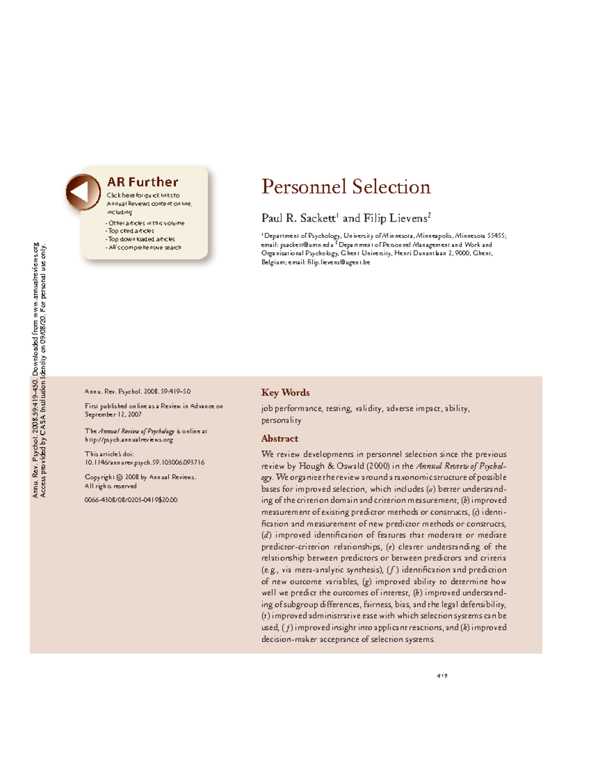 Sackett and Lievens (2008 ) - Personnel Selection Paul R. Sackett 1 and ...