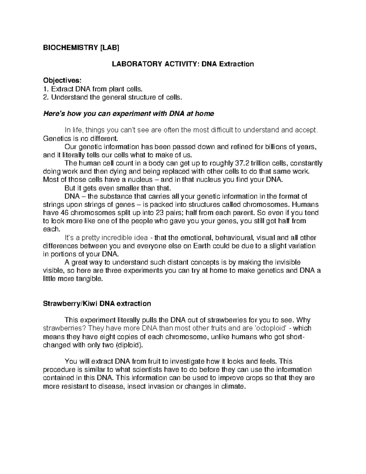 DNA Extraction Experiment - Lab Activity for Biochemistry [LAB] - Studocu