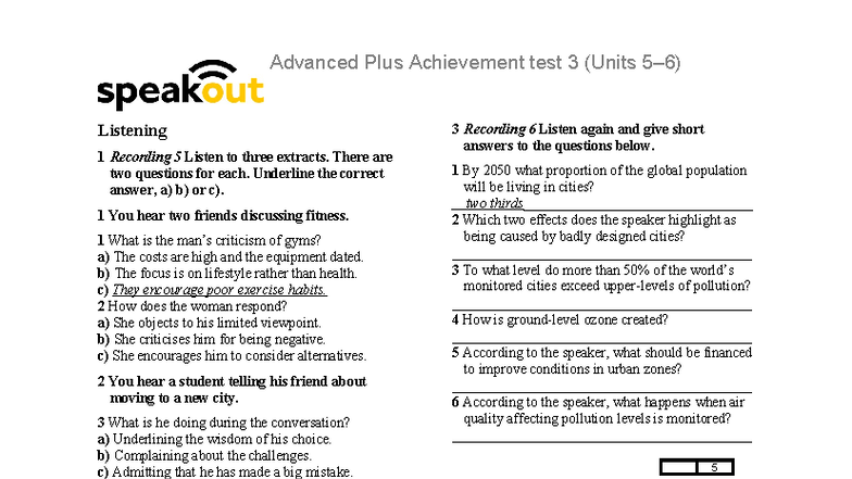 Advanced Plus Achievement Test 3 (Units Listening & Grammar) - Studocu