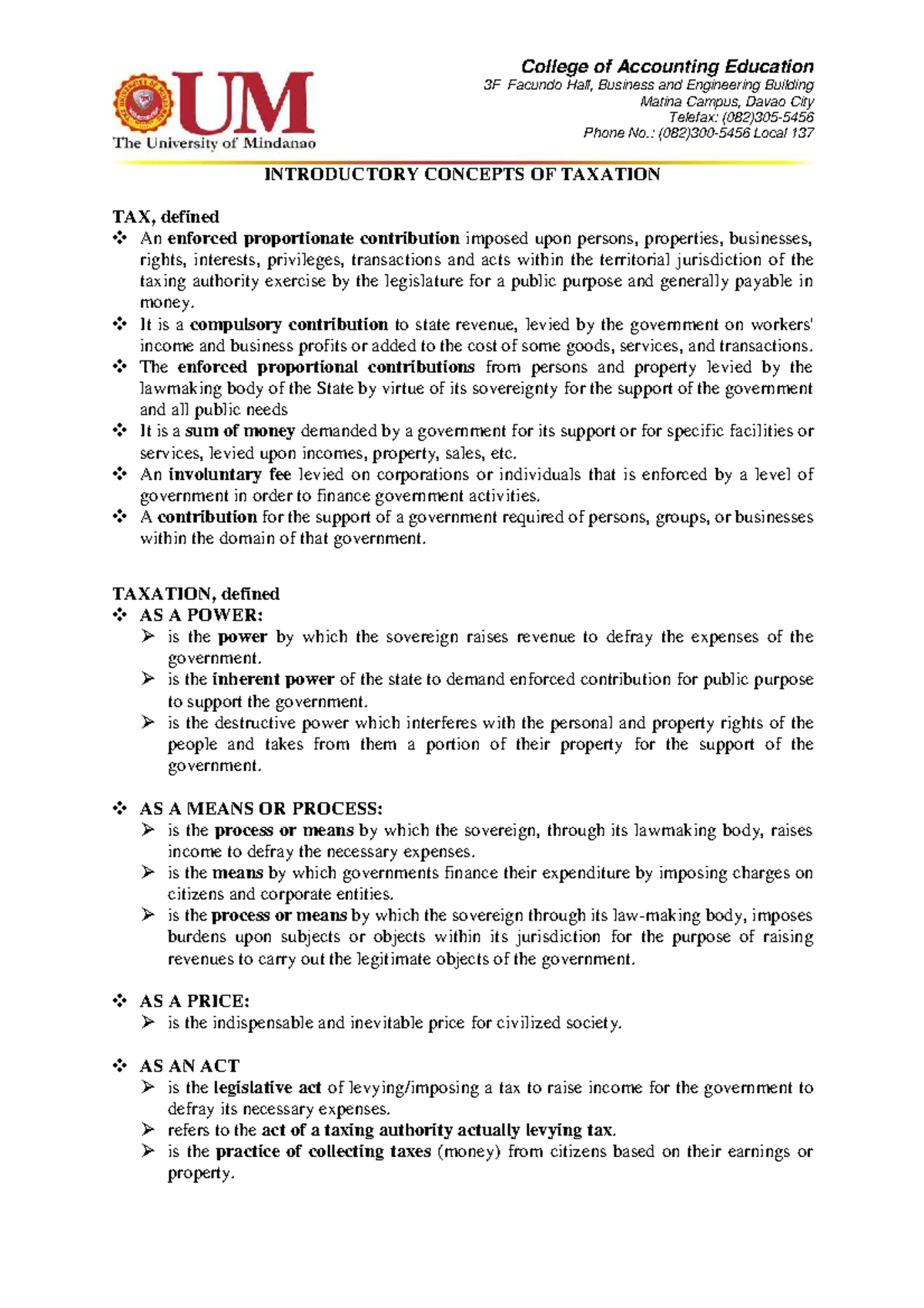 Tax-1 Introduction-Concepts-of-Taxation - 3F Facundo Hall, Business and ...