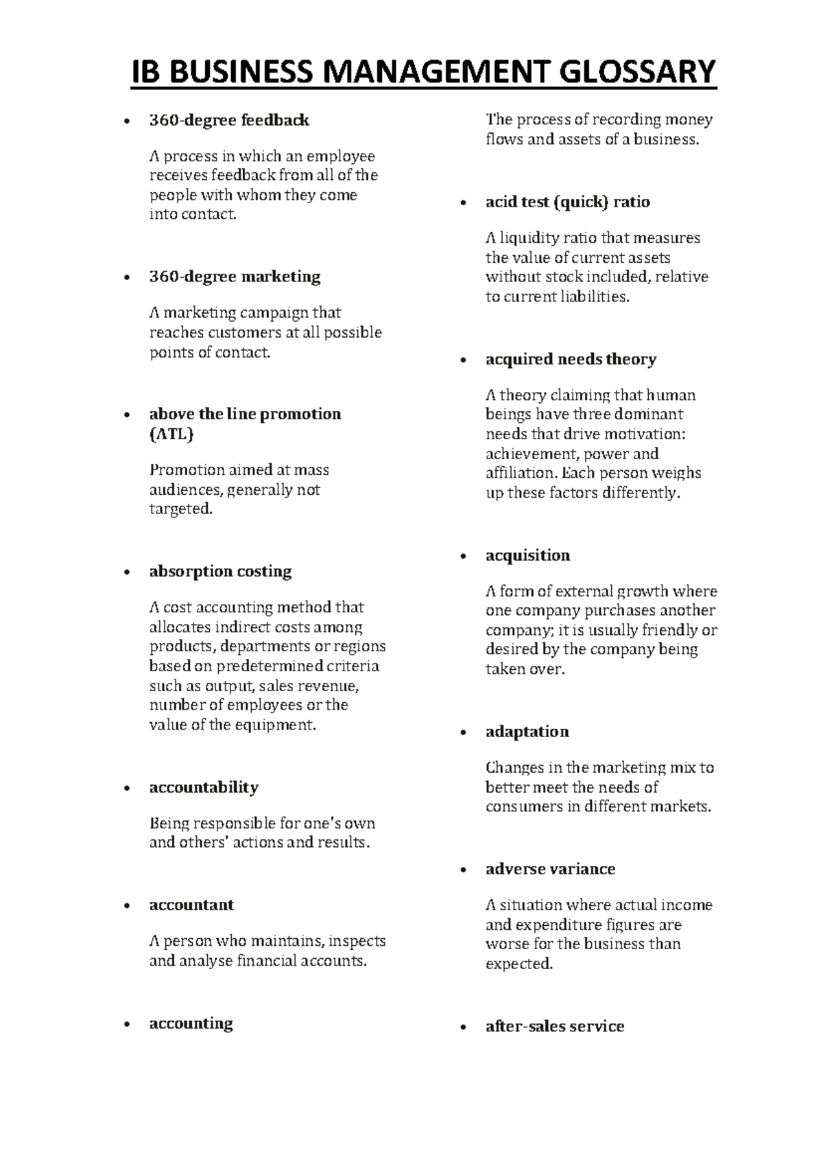 IB Business Management Glossary: Key Terms and Definitions - Studocu
