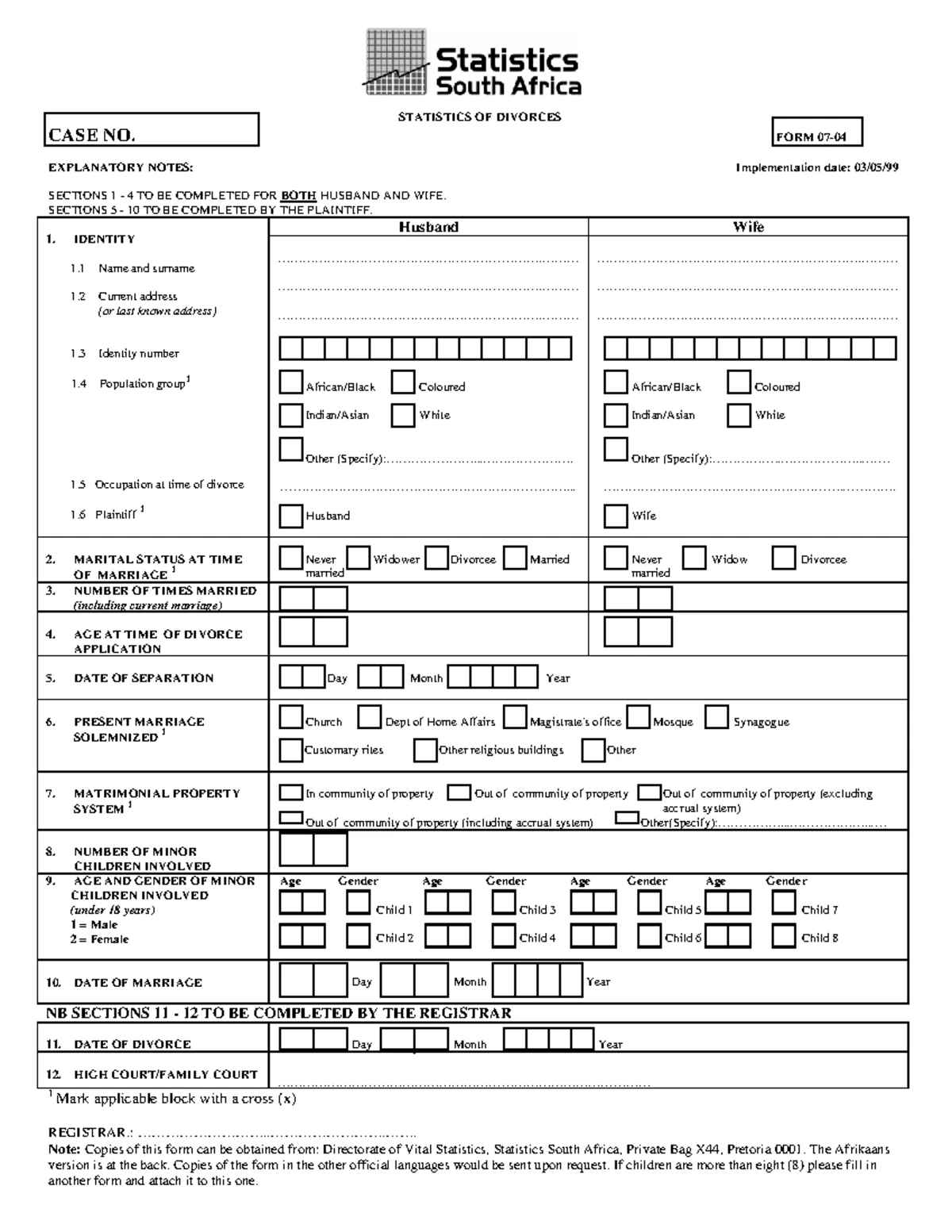 Divorce Statistics Form - STATISTICS OF DIVORCES CASE NO. FORM 07 ...