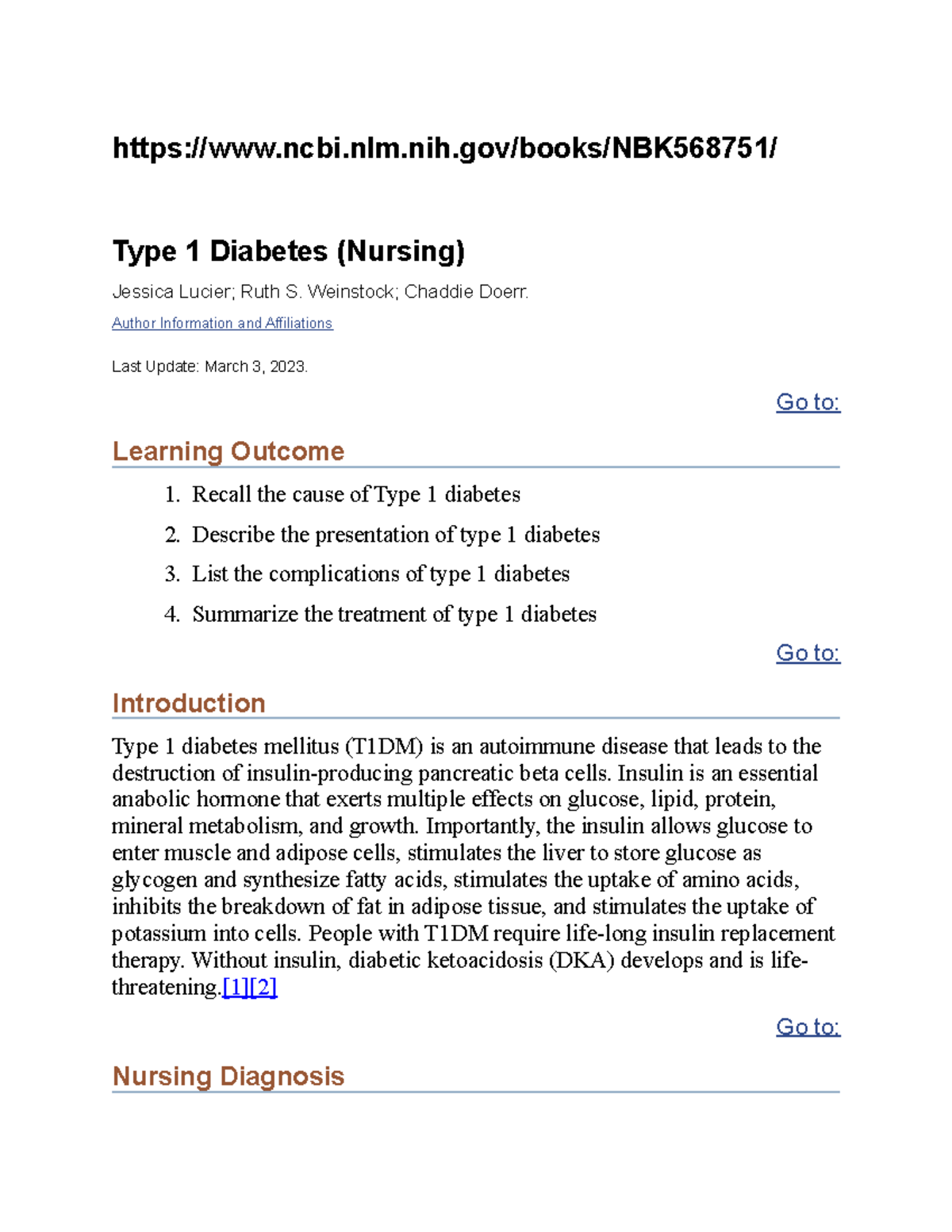 Type 1 Diabetes (Nursing) Study Notes - Course Code: NUR101 - Studocu