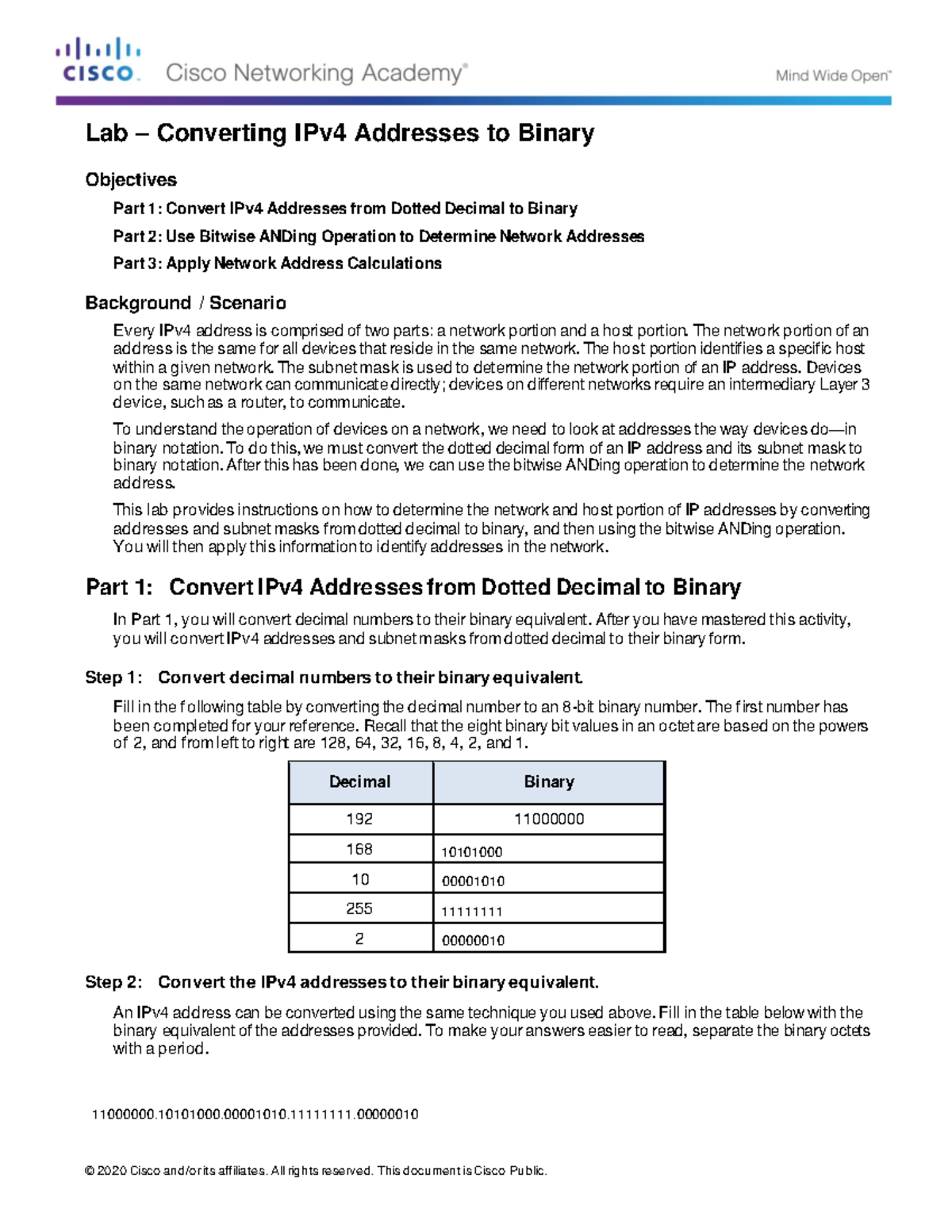 Lab 1: Converting IPv4 Addresses to Binary and Network Addressing - Studocu