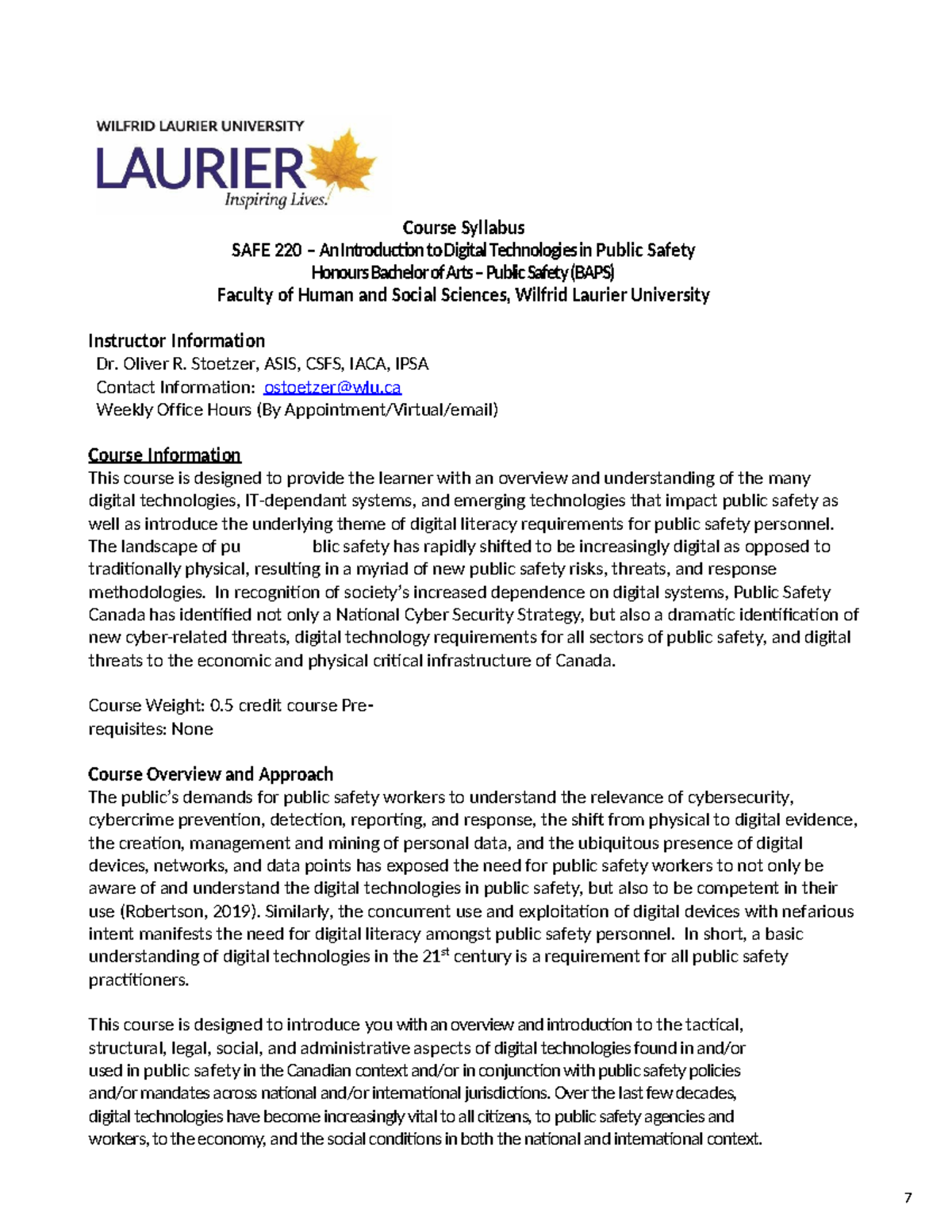 SAFE 220 Syllabus: Digital Technologies in Public Safety Overview 2024 ...