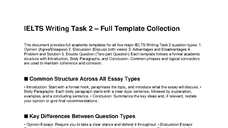 IELTS Writing Task 2: Comprehensive Template Collection - Studocu