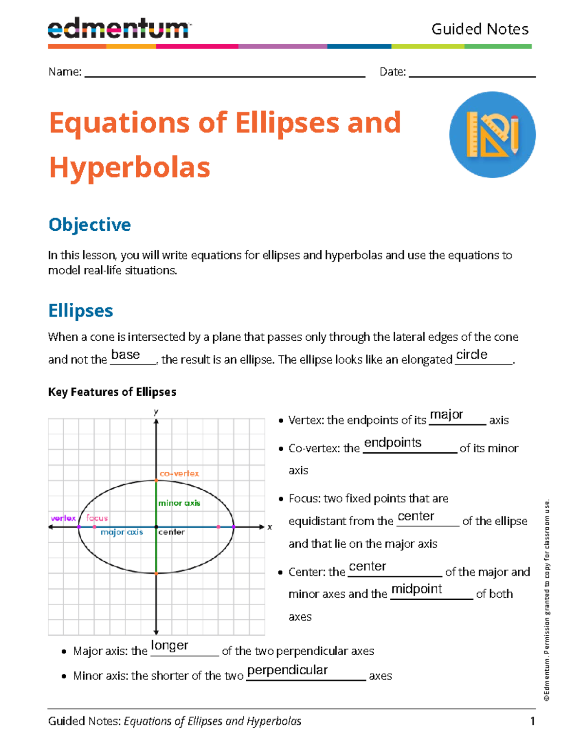 Equations of Ellipses and Hyperbolas: Guided Notes for Geometry - Studocu