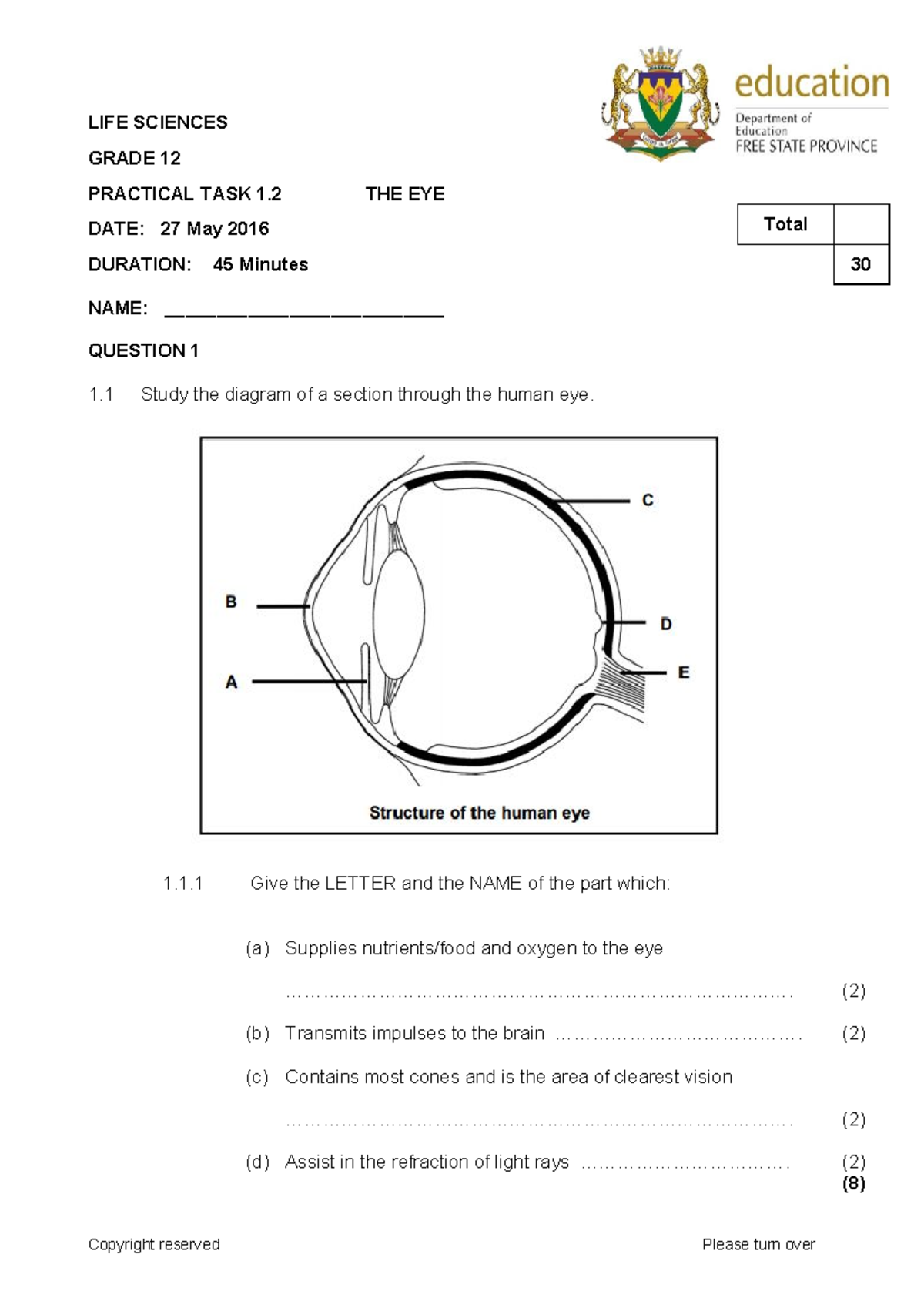 Gr 12 LS Practical Exam: The Eye Task (May 2016) - Studocu