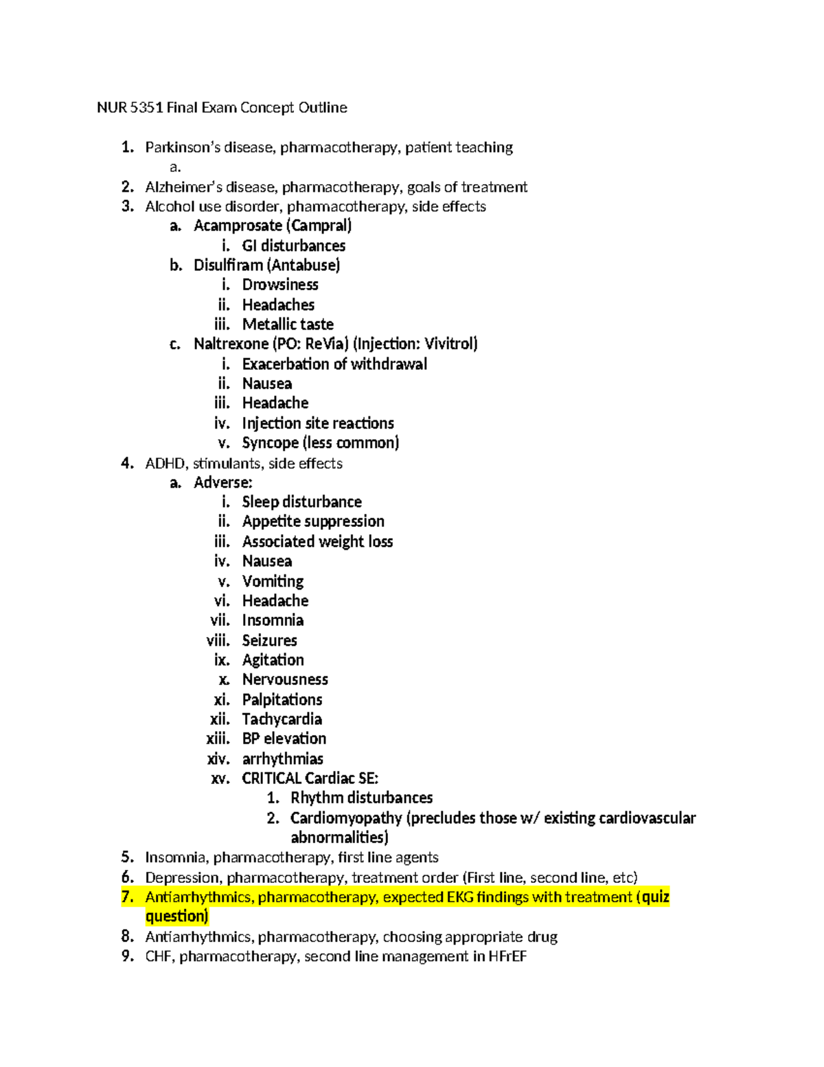 NUR 5351 Final Exam Concept Outline: Key Topics & Pharmacotherapy ...