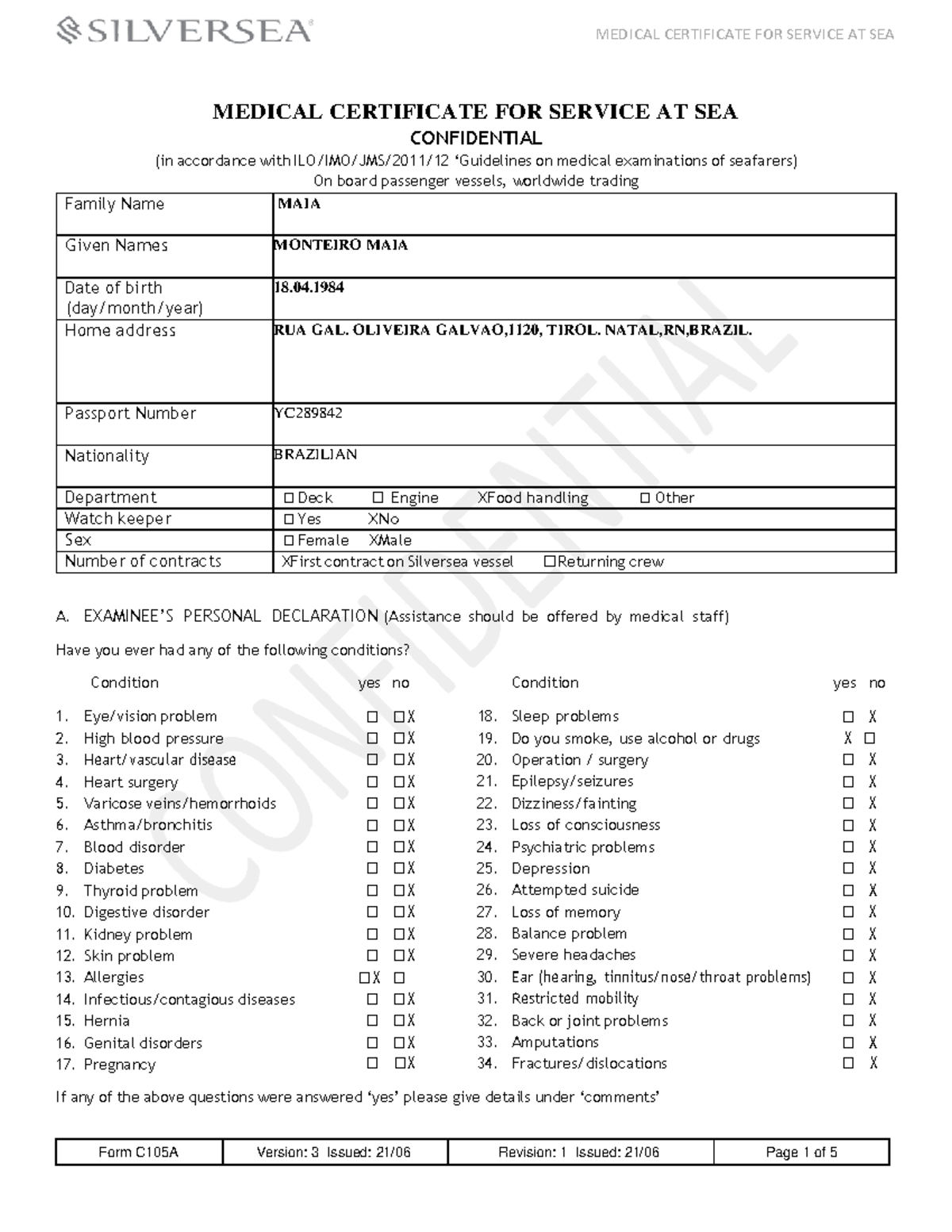 Silversea Medical Certificate for Service at Sea: C105A & C105B - Studocu