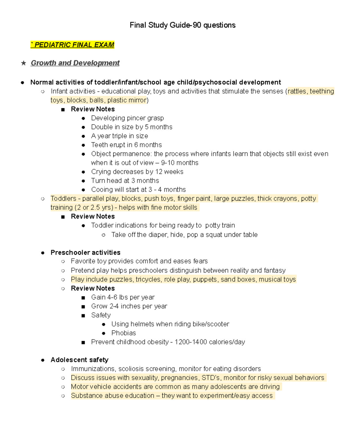 PEDS 101 Final Exam - Comprehensive Study Guide on Pediatric Care - Studocu