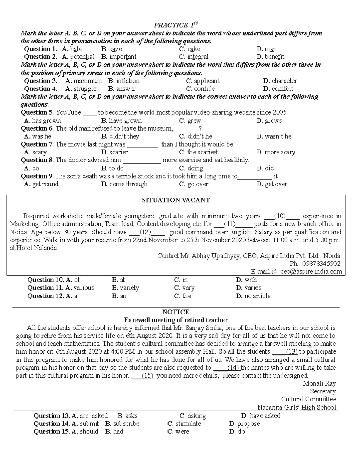 Practice 1-10 - Listening and Reading Comprehension Exercise - Studocu
