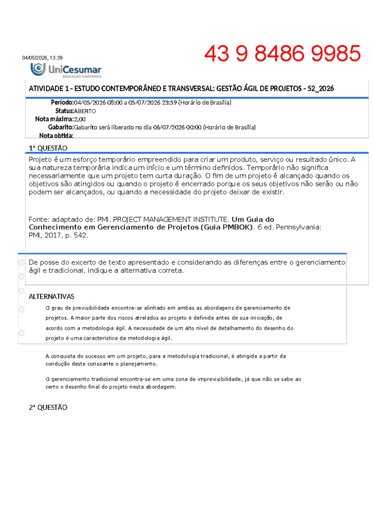 Atividade 1 - Estudo Contemporâneo e Transversal: Gestão Ágil de ...