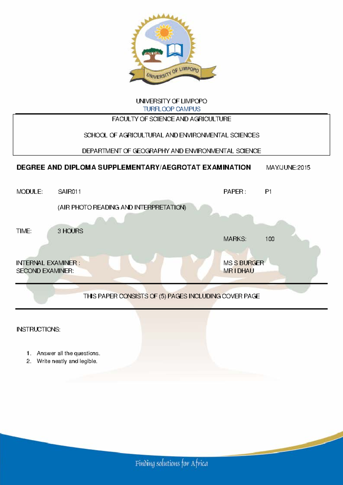 SAIR 011 SUPP-AEG 2015 - UNIVERSITY OF LIMPOPO TURFLOOP CAMPUS FACULTY ...