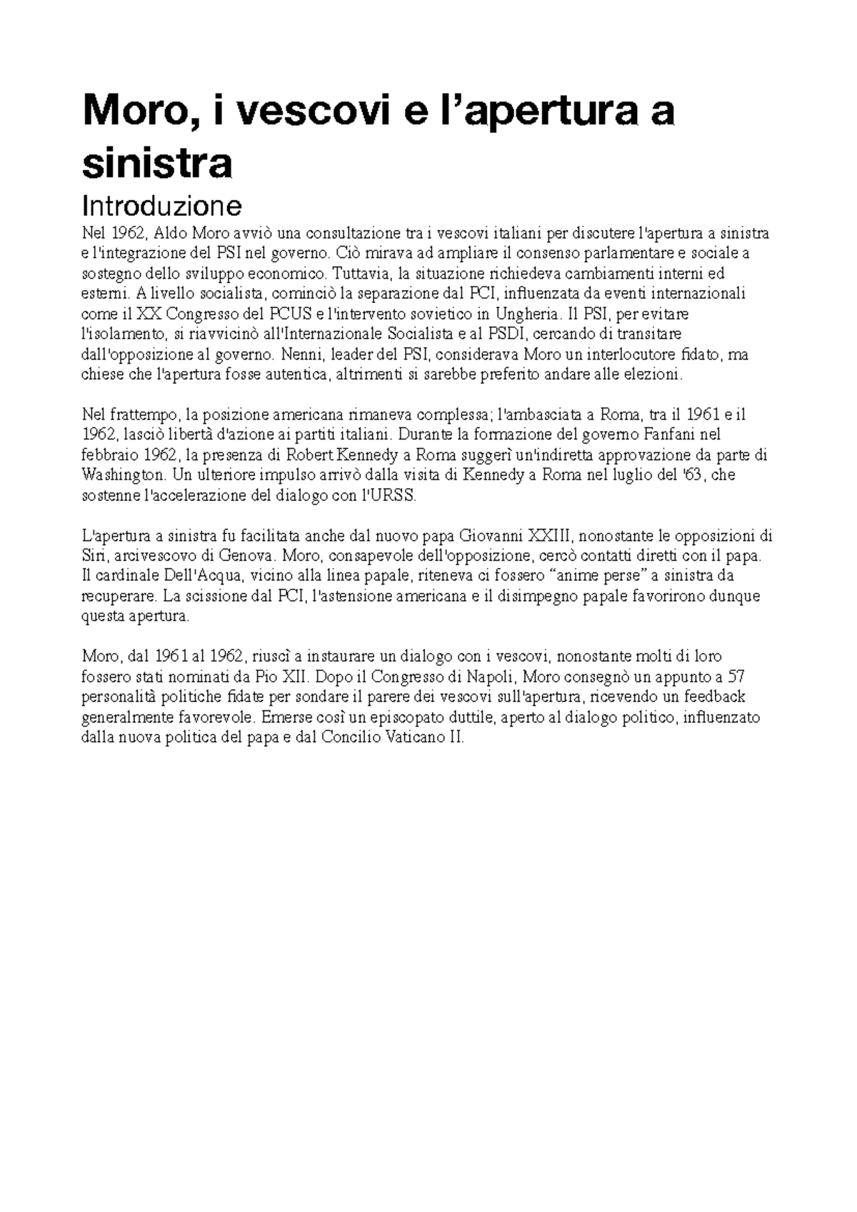 Moro, i Vescovi e l'Apertura a Sinistra - Introduzione - Studocu