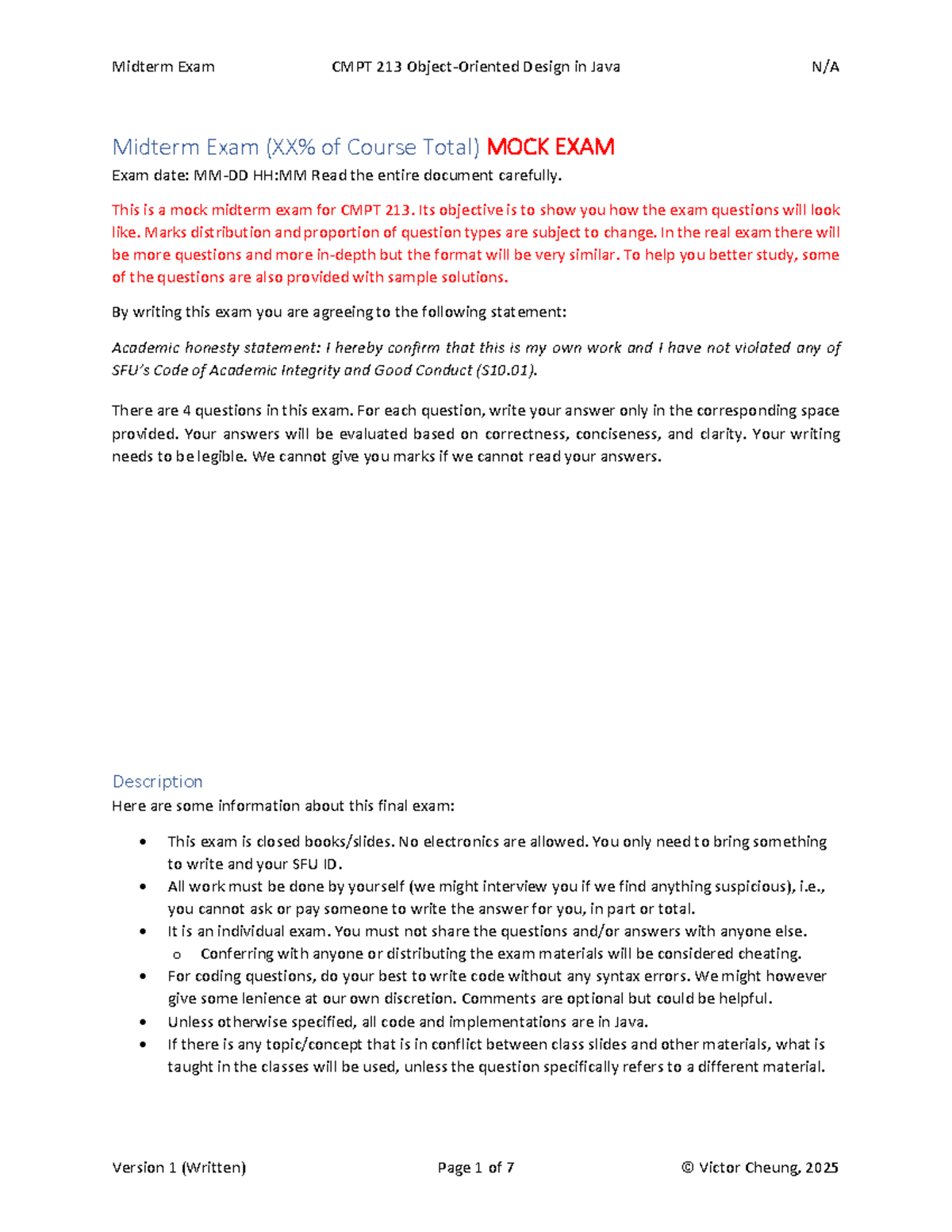 Midterm Exam Mock CMPT 213 Design in Java - Practice Questions - Studocu