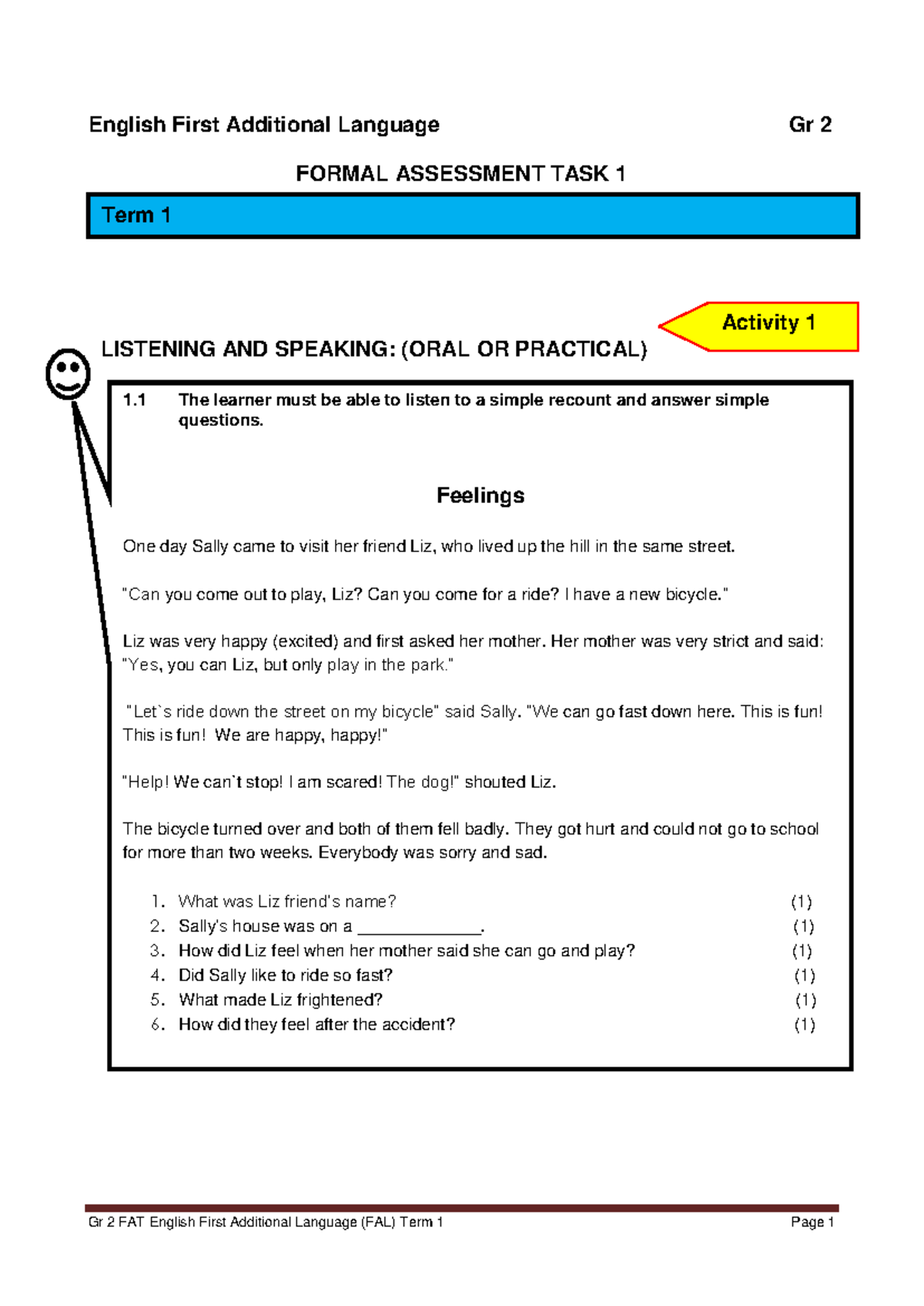 English FAL Gr 2 Term 1 Formal Assessment Task 1: Listening & Speaking ...