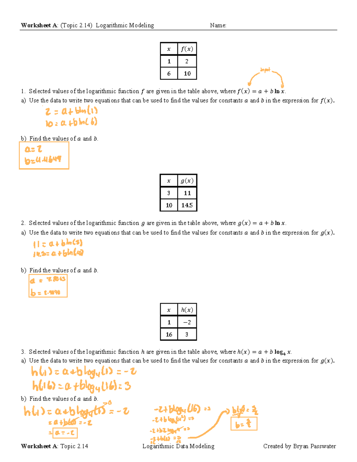 Worksheet A: Topic 2.14 Logarithmic Modeling Exercises - Studocu