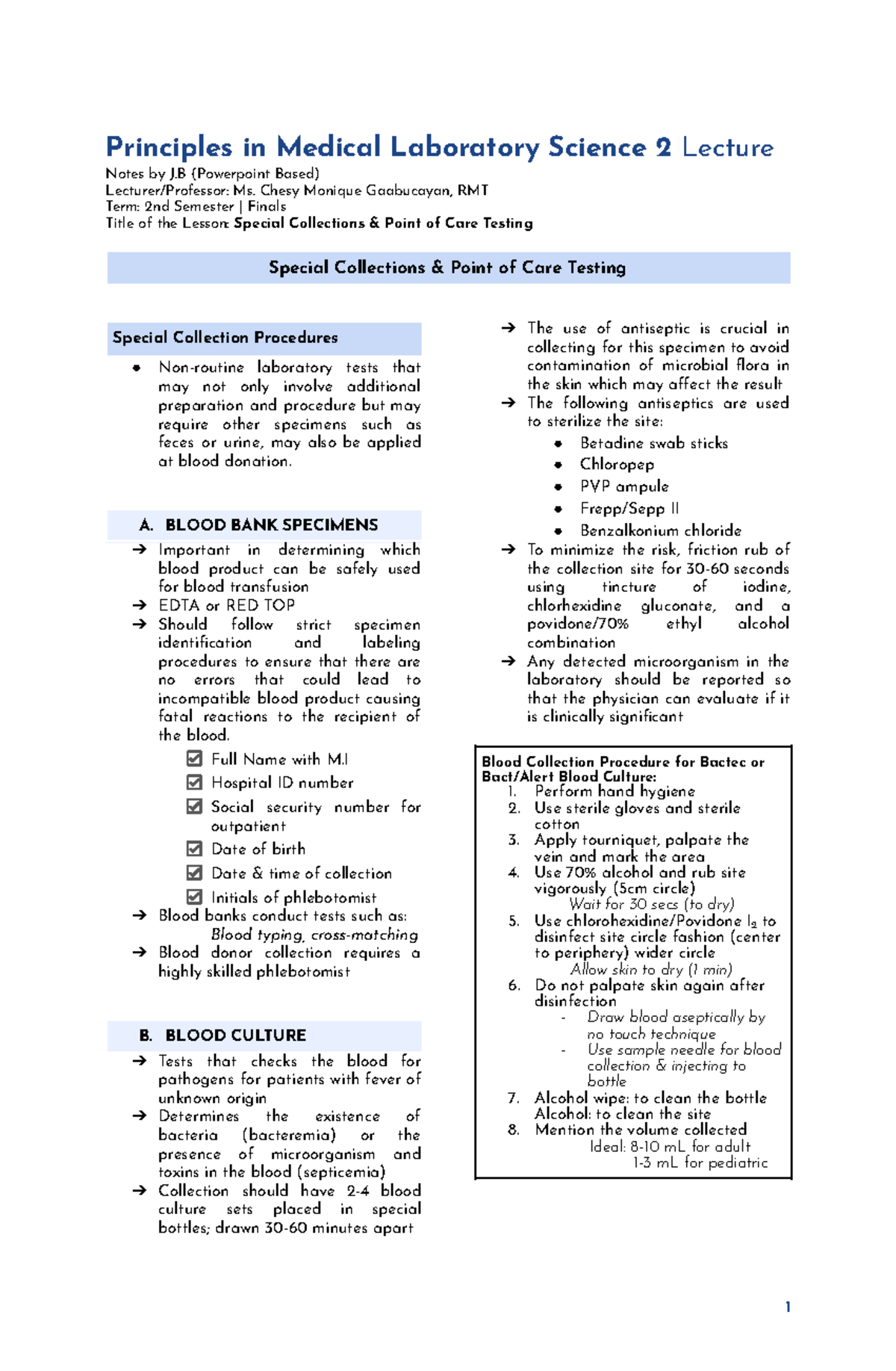 Principles in Medical Laboratory Science 2: Finals - Special ...