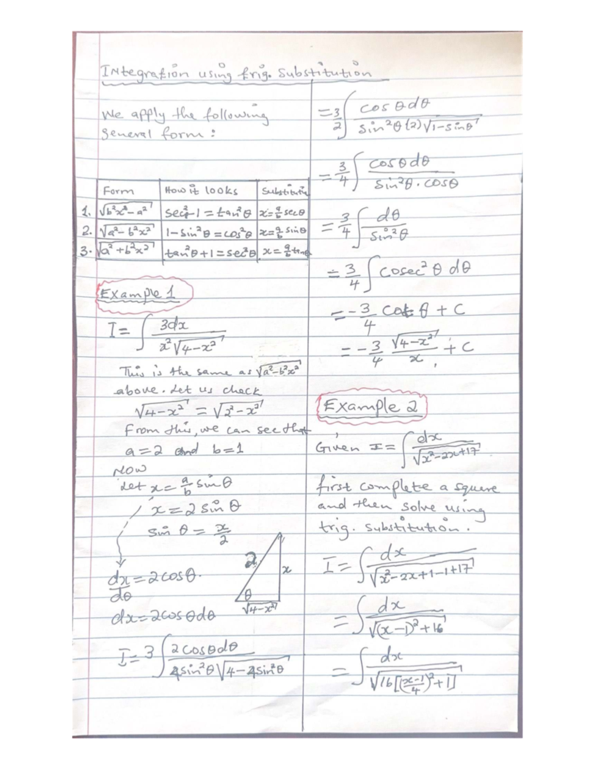 Integration Using Trig Substitution: A Comprehensive Guide - Studocu