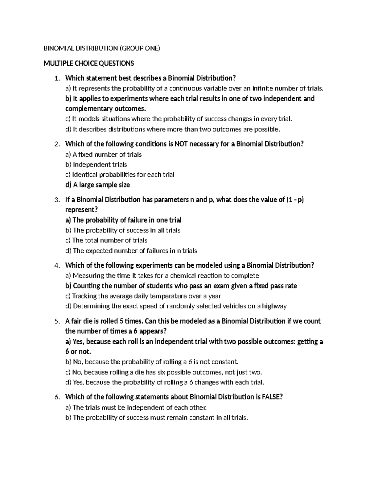 STAT 150 Binomial Distribution Quiz: Multiple Choice Questions - Studocu