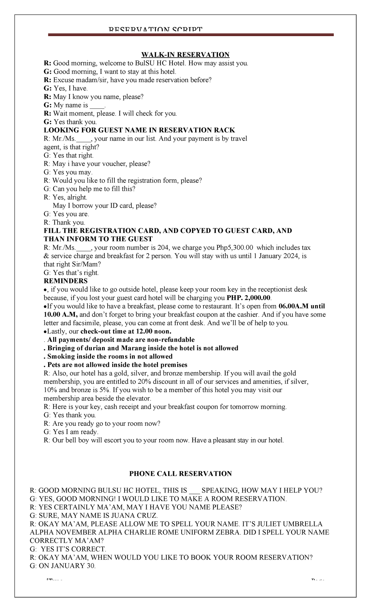 Final Exam Front Office Script - RESERVATION SCRIPT for HOSP 101 - Studocu