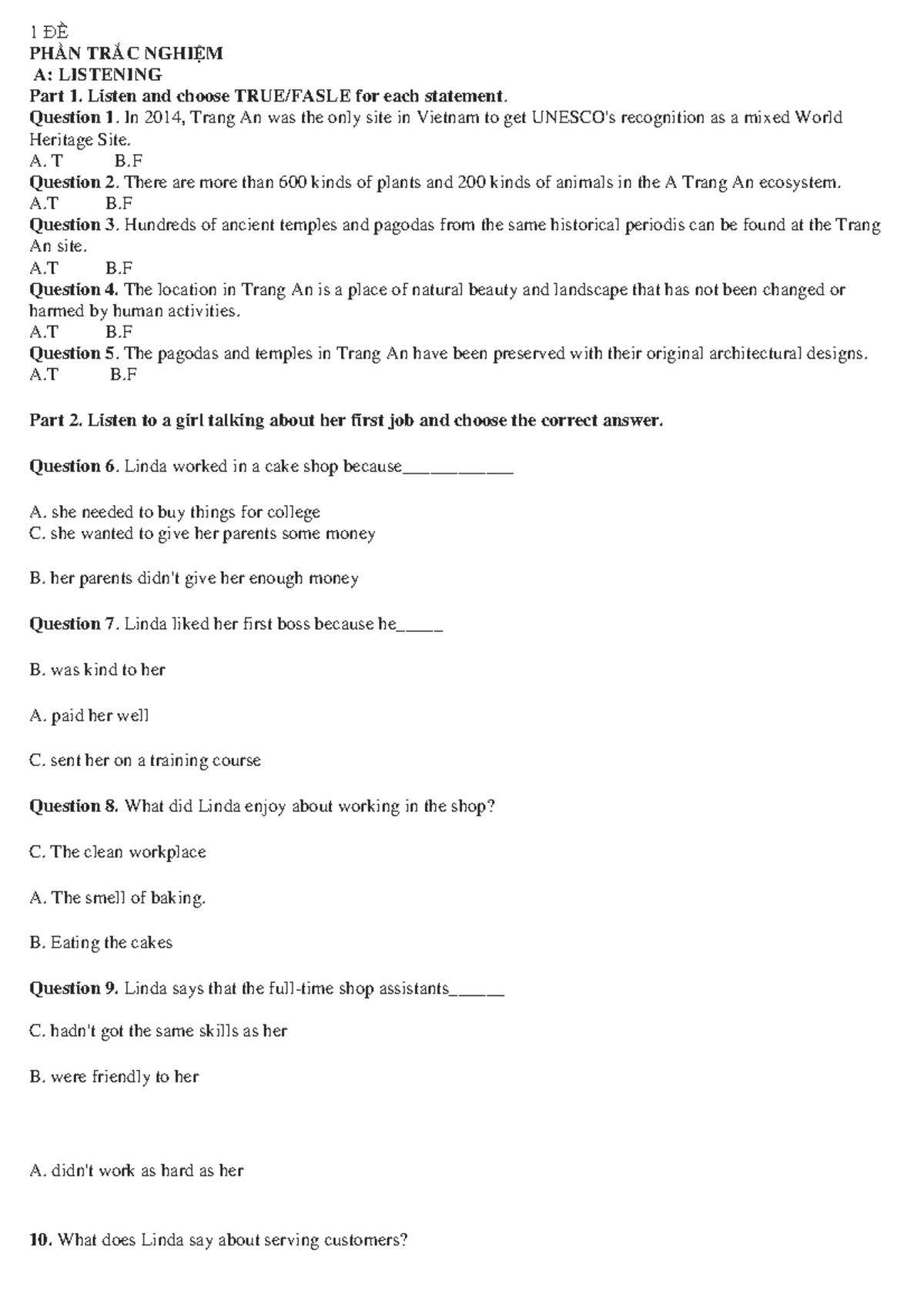 ANH 1 - Đề Cương Phần Trắc Nghiệm: Listening & Language Skills - Studocu