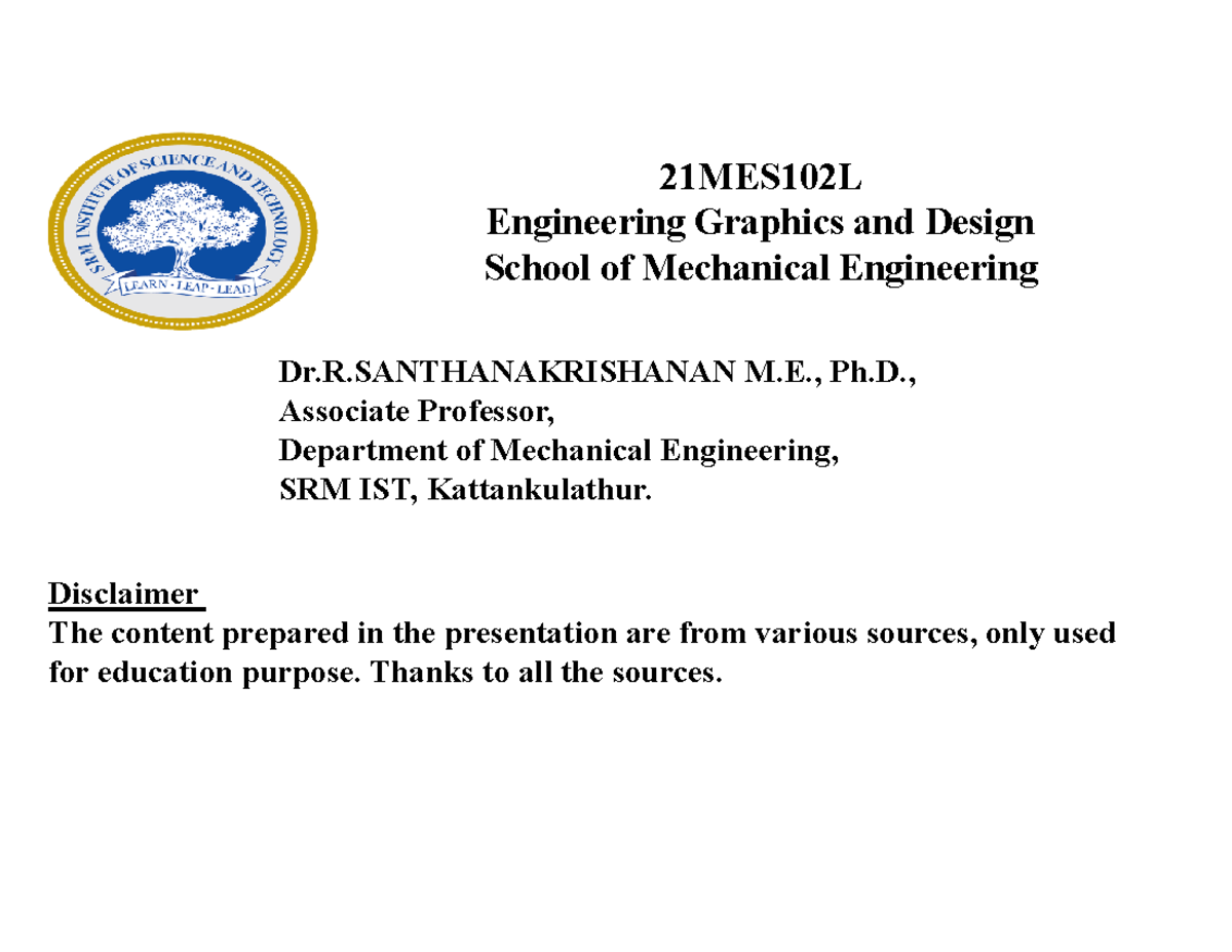 21MES102L - Engineering Graphics & Design: Week 8 Overview - Studocu