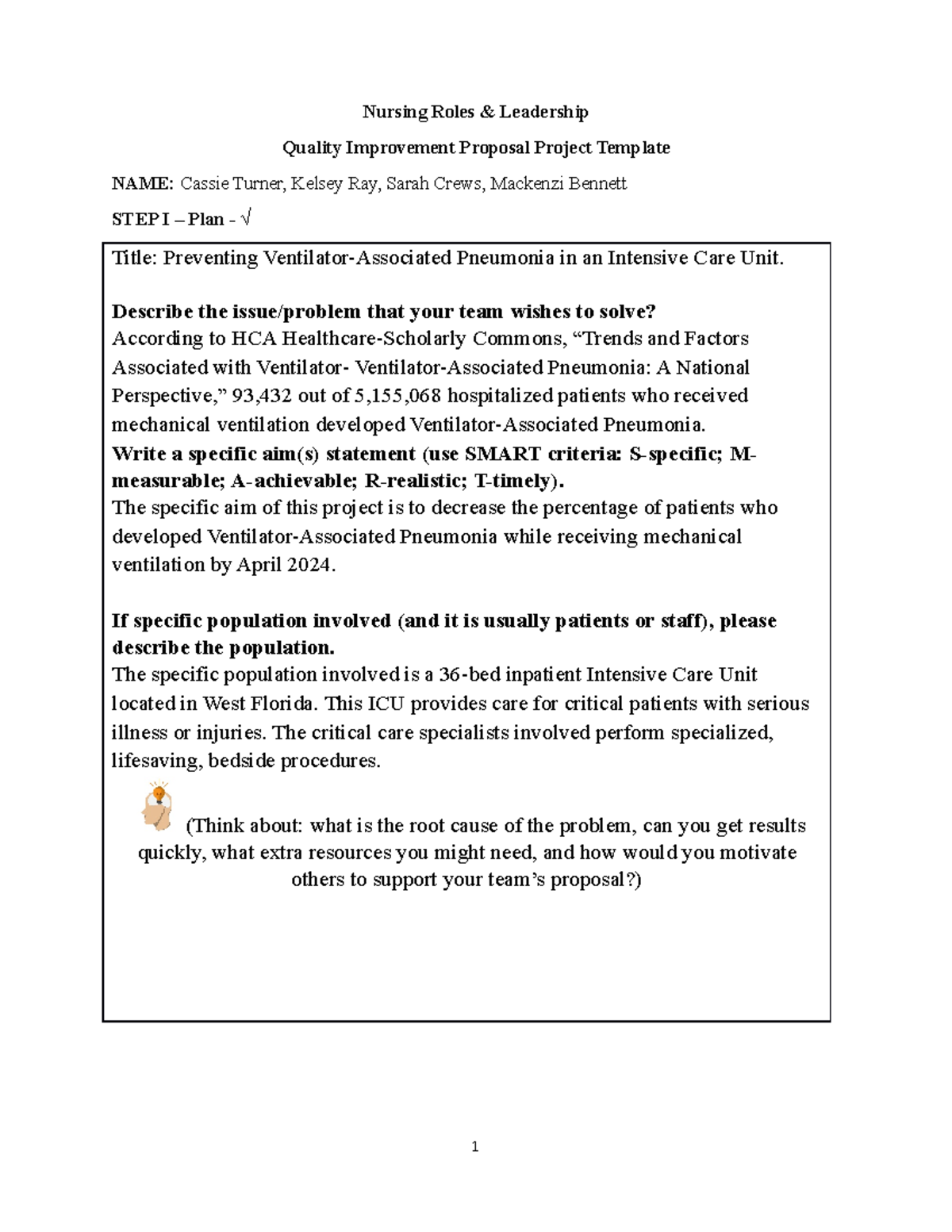 Quality Improvement Proposal Project: VAP Prevention in ICU - Studocu