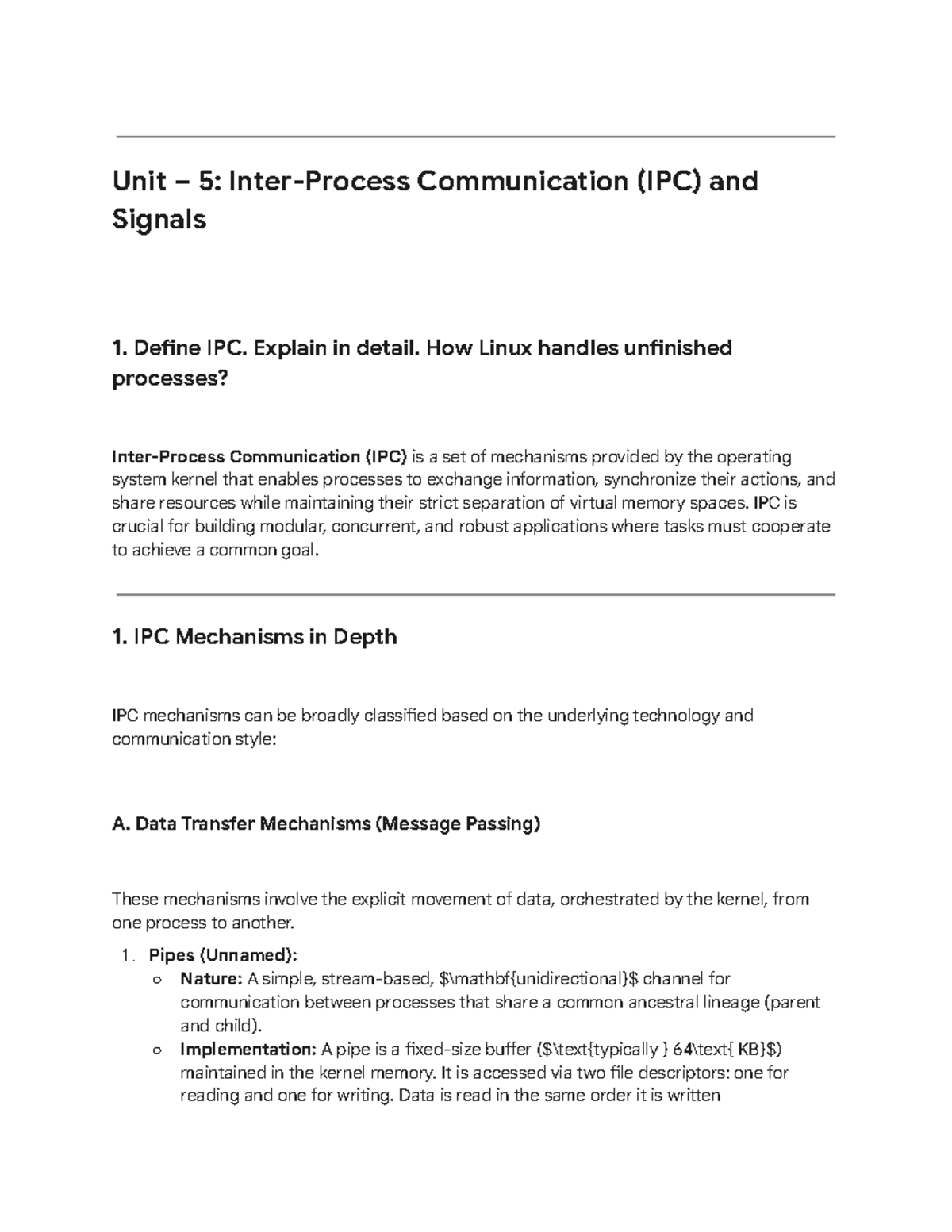 Unit 5: IPC & Signals in Linux - Detailed Mechanisms and Concepts - Studocu