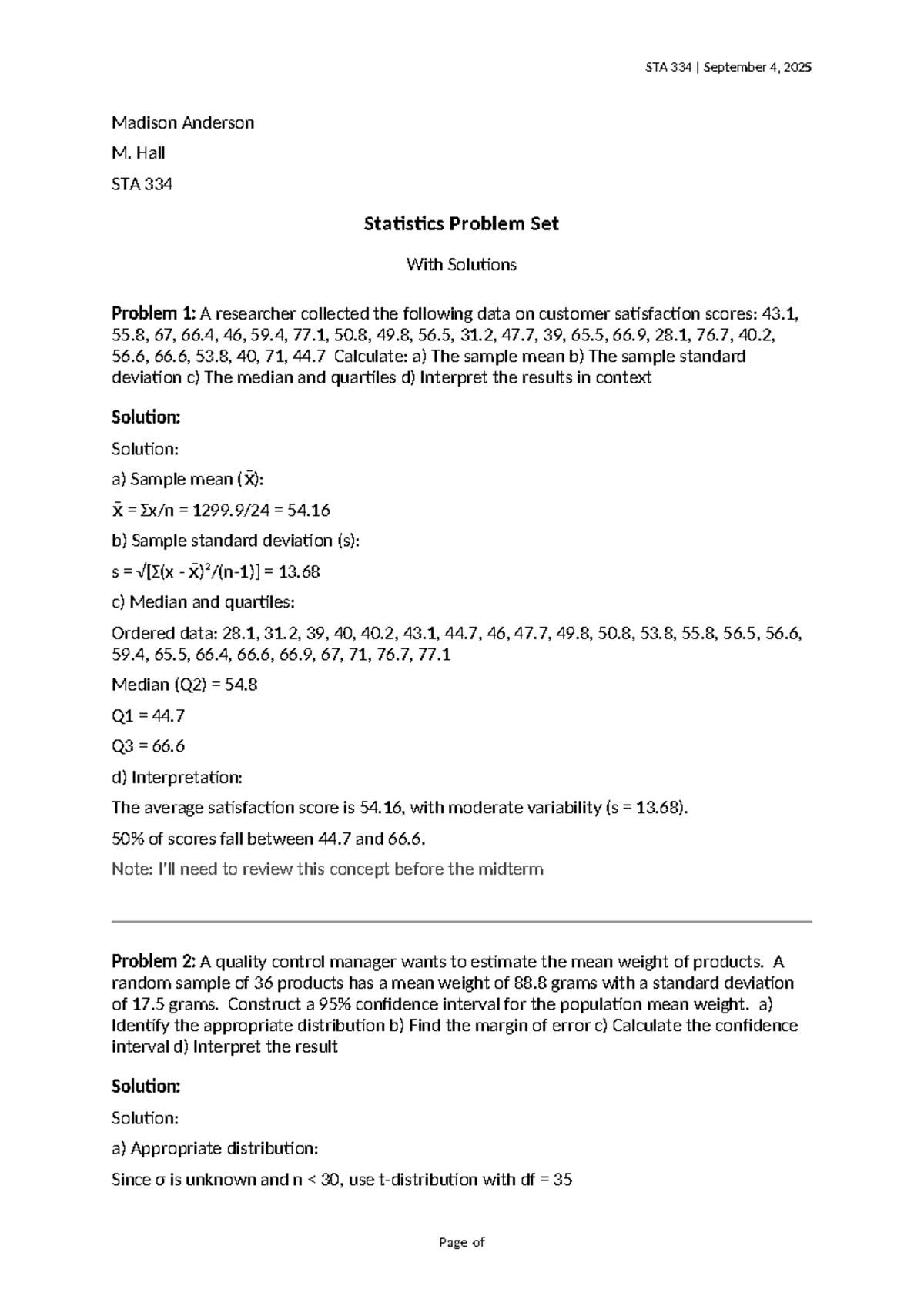 STA 334 Statistics Problem Set Solutions and Interpretations - Studocu
