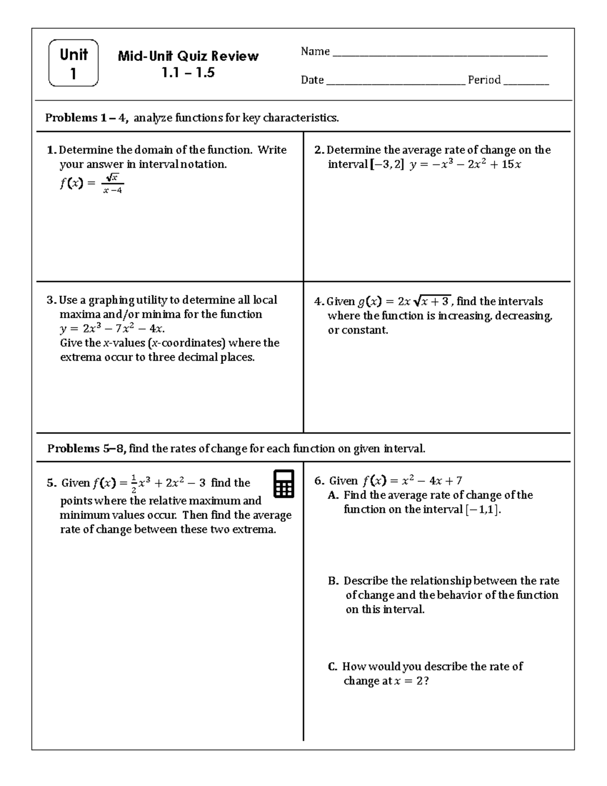 Unit 1.5 Mid-Unit Quiz Review: Analyzing Functions and Rates of Change ...