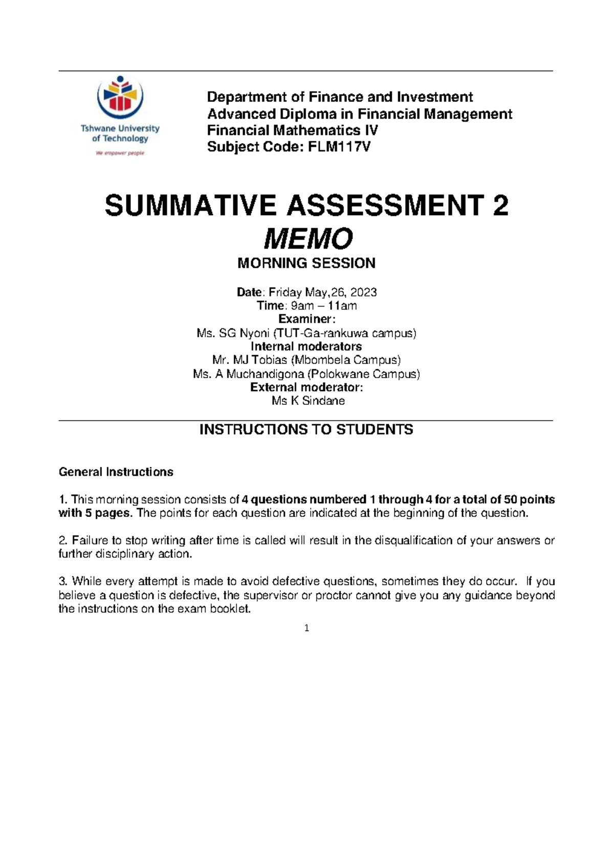 FLM117V Financial Mathematics IV Summative Assessment 2 Memo - Studocu
