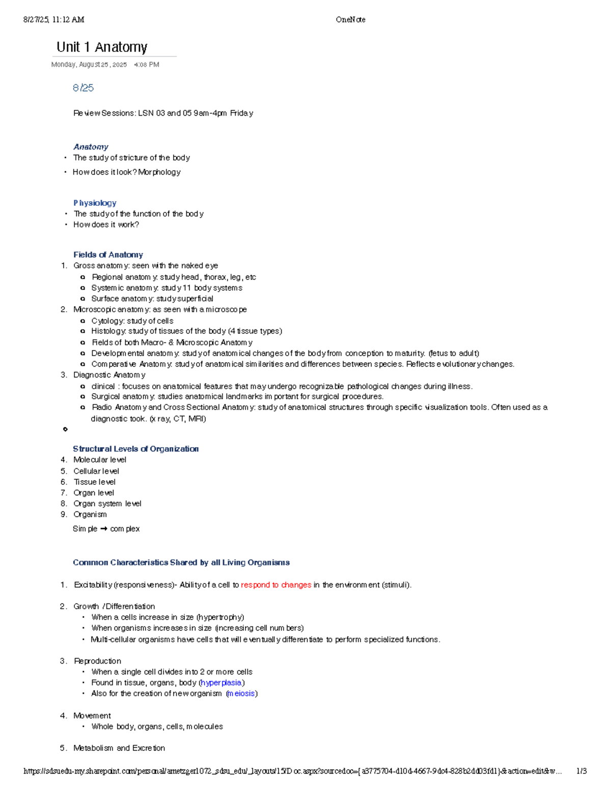 Unit 1 Anatomy Lecture Notes Structure And Function Overview Studocu