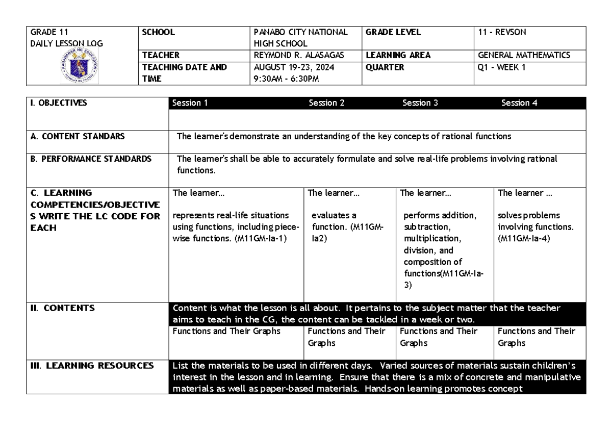 Gen Math- DLL Week 1 Aug 19-23, 2024 - GRADE 11 DAILY LESSON LOG SCHOOL ...