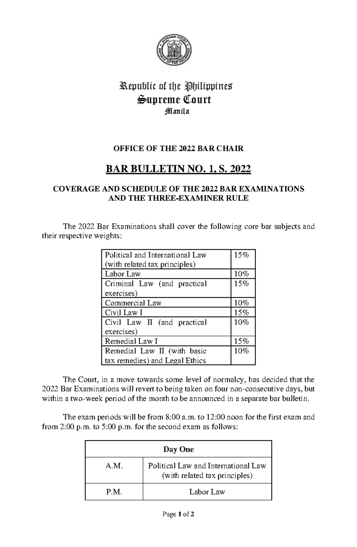 2022 Bar Bulletin No. 1: Exam Schedule and Core Subjects - Studocu