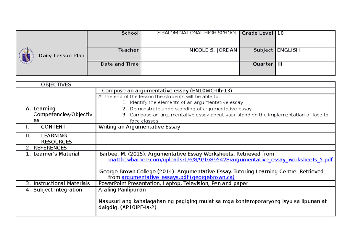 Grade 10 English Lesson Plan: Argumentative Essay Writing (Q3-M1) - Studocu