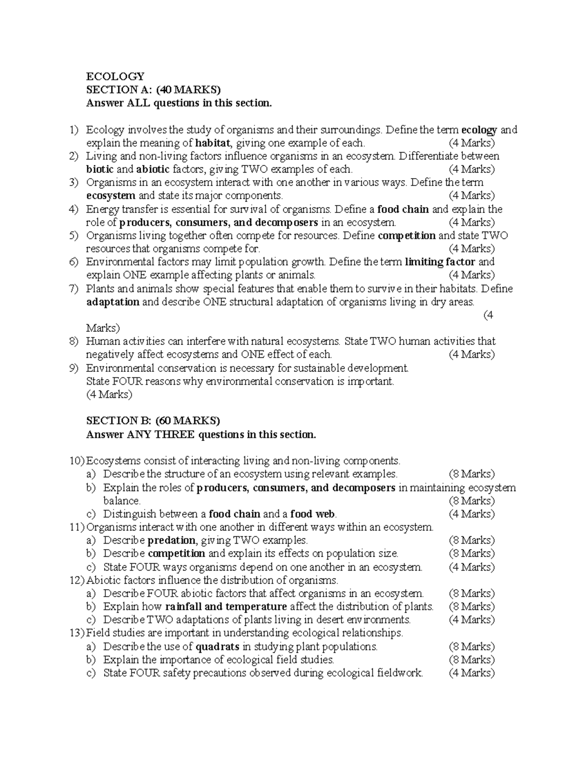 Ecology QUIZ: Key Concepts and Ecosystem Interactions - Studocu