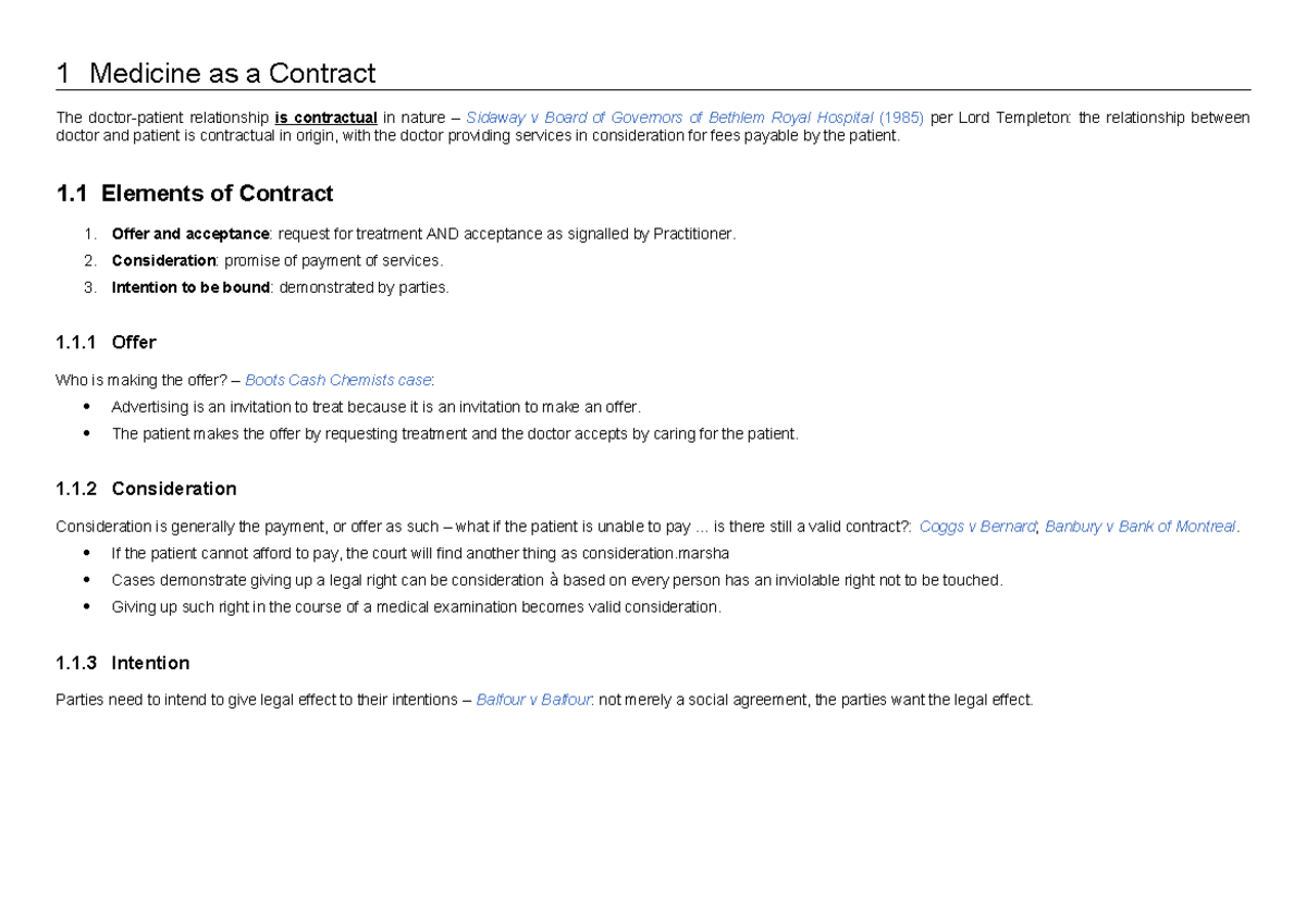 Medical Law Notes - 1 Medicine as a Contract The doctor-patient ...